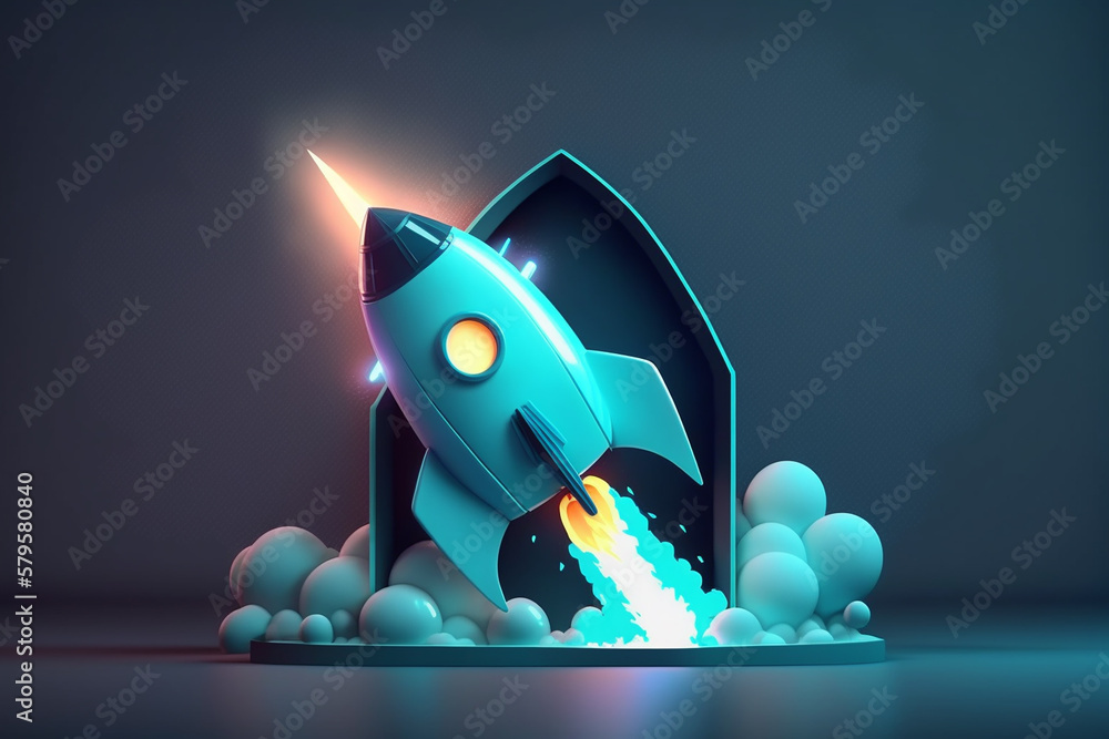 Cartoon rocket launching in diagonal from arch door on dark background ...