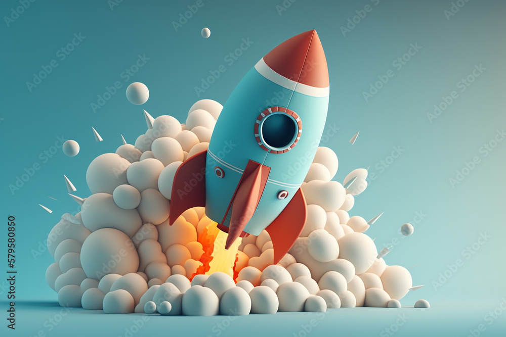 Cartoon rocket launching on pastel background with sphere cloud ...