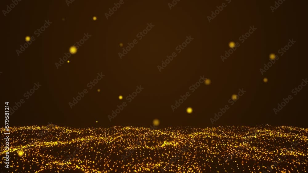 Wave surface made of gold particles. Shiny particles form an oscillating surface. Gold surface ...