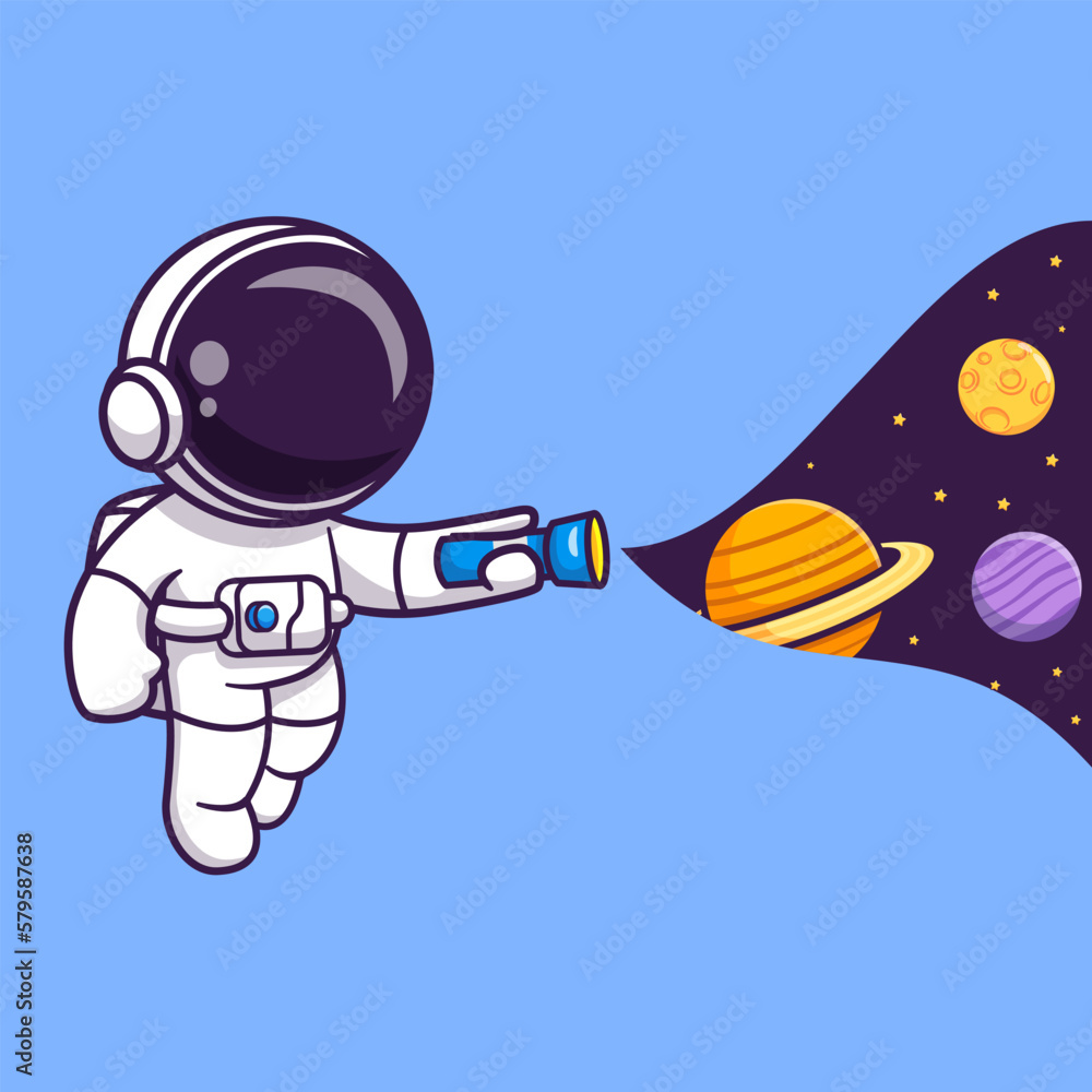 Vetor de Cute Astronaut With Flashlight In Space Cartoon Vector Icon ...
