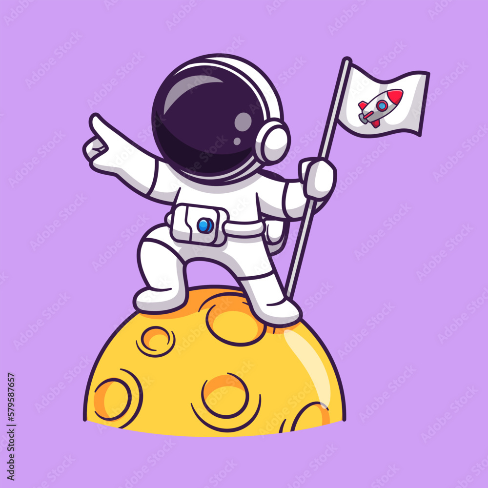 Vetor de Cute Astronaut Holding Flag On Moon Cartoon Vector Icon ...