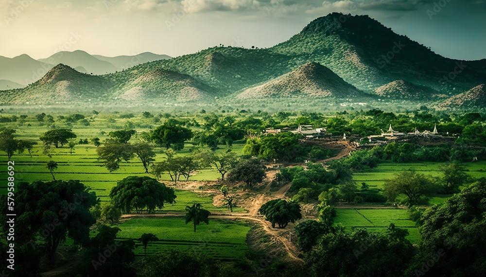 A stunning panoramic view of a lush green Andhra Pradesh village shot ...