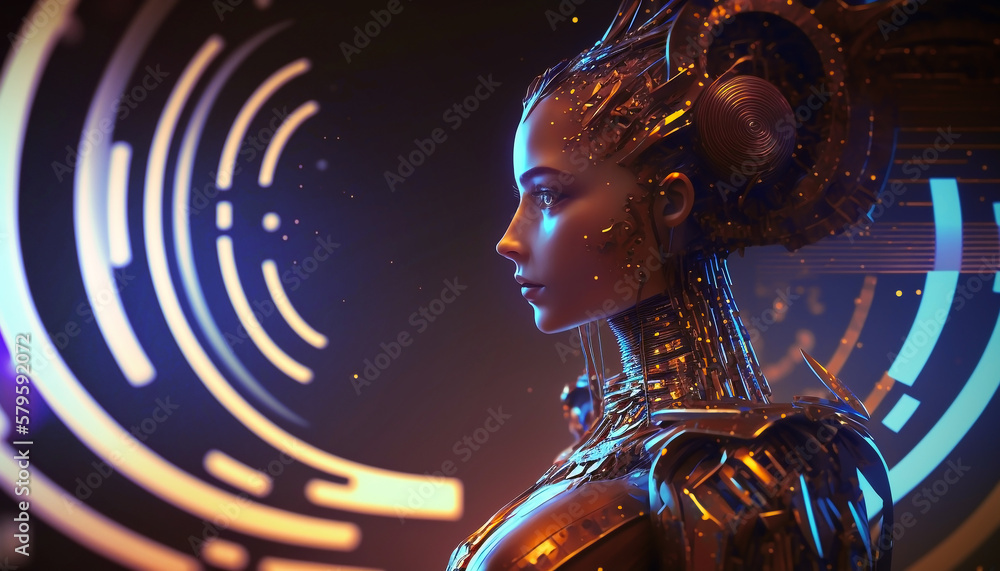 A gold cyborg girl in a high-tech suit against a complex blurry sci-fi ...