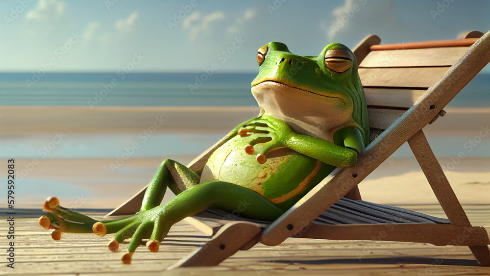 happy summer, frog relaxing on the beach with Generative AI Technology ...