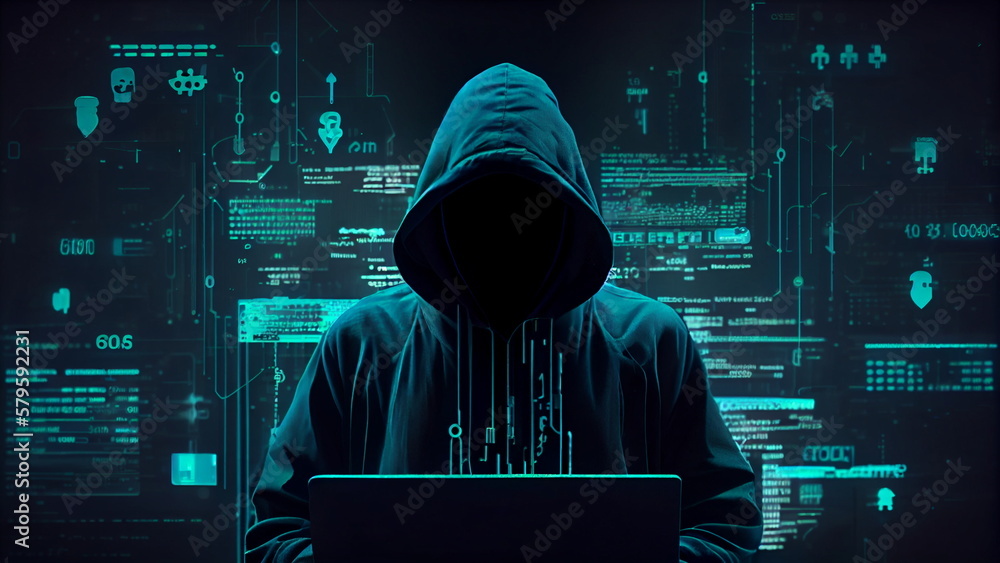 Hacker using abstract laptop with binary code digital interface with Generative AI Technology ...