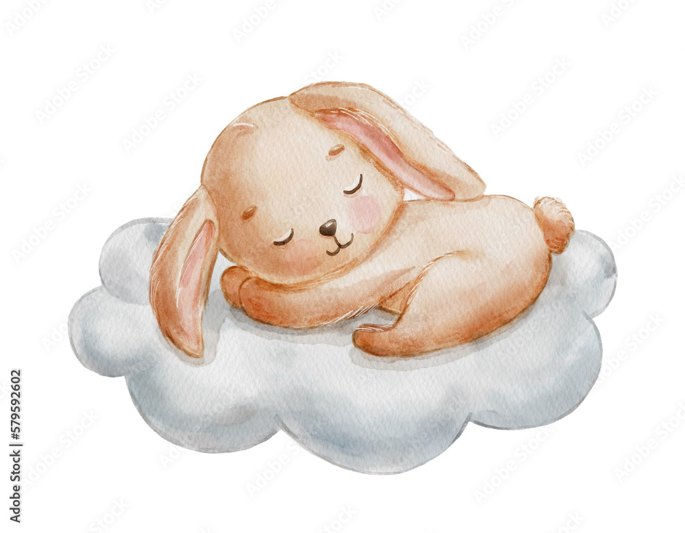 Cute dreaming bunny on cloud. Cartoon hand drawn watercolor ...