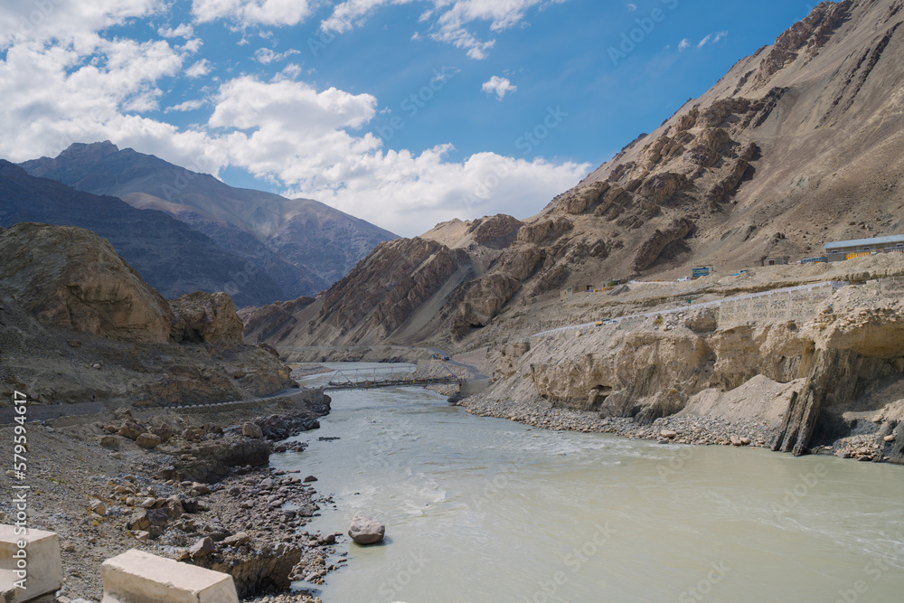 Indus river and mountains on either side at Ladakh, Himalayas, Jammu ...