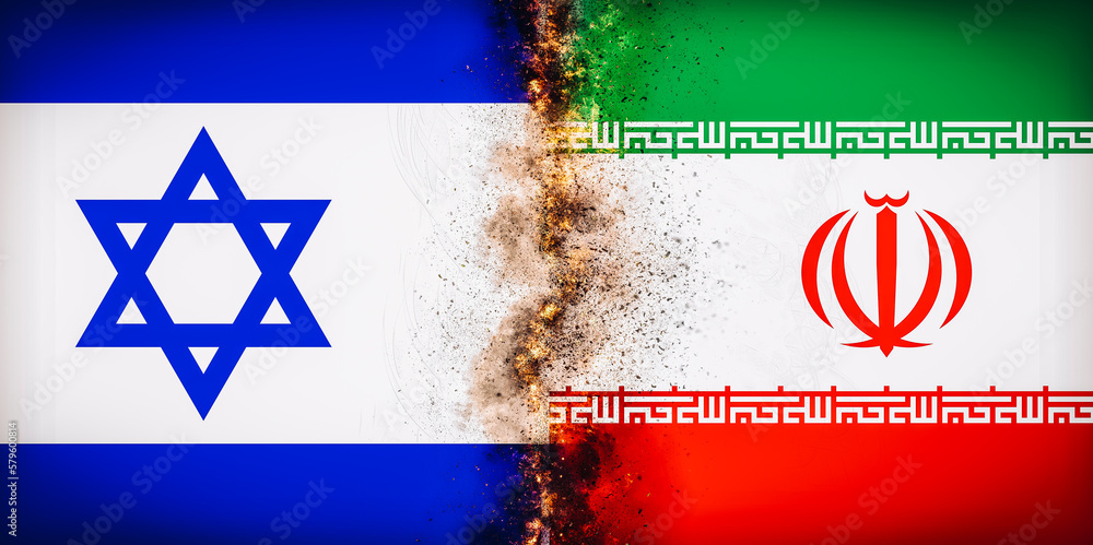 Flags of Israel and Iran Flag divided by smoke and fire. Next ...