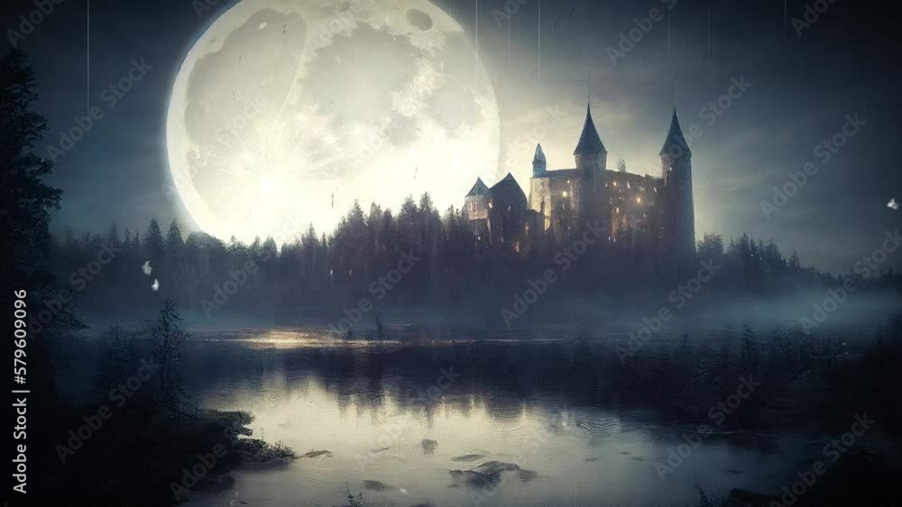 Fantasy night scene with gothic architecture castle and full moon in ...