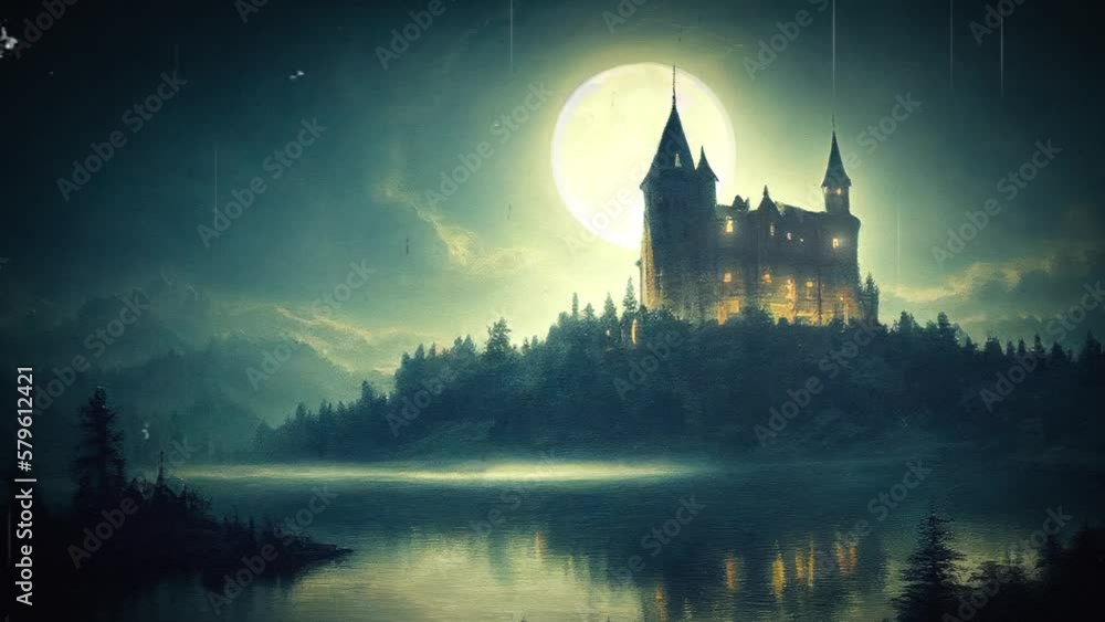 Fantasy night scene with gothic architecture castle and full moon in ...
