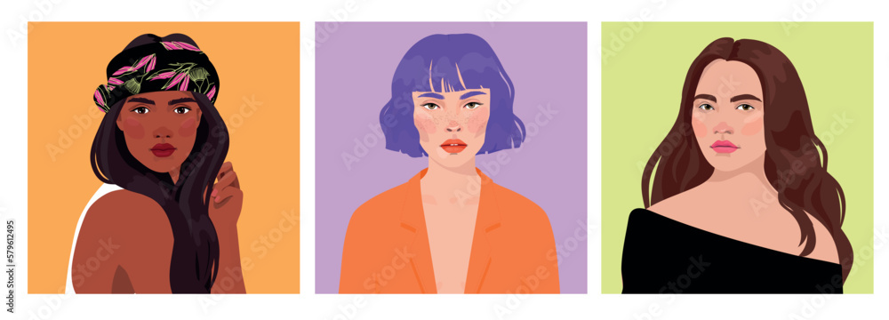 Set of portraits of women of different gender and age. Diversity. flat ...