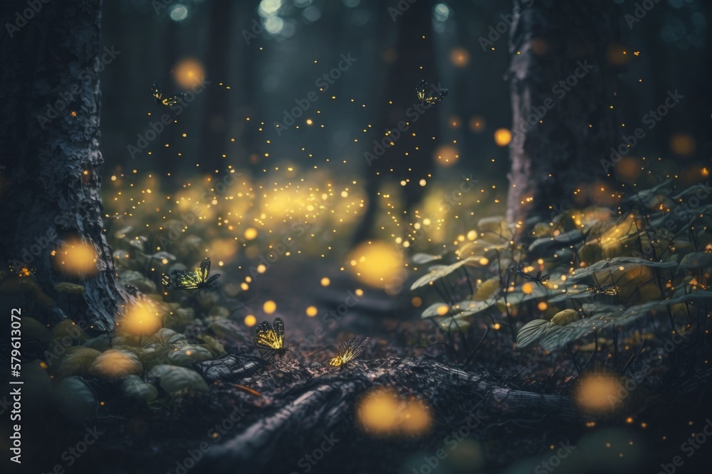 ncoded, hyper-realistic forest with floating fireflies and sparkling particles in an epic ...