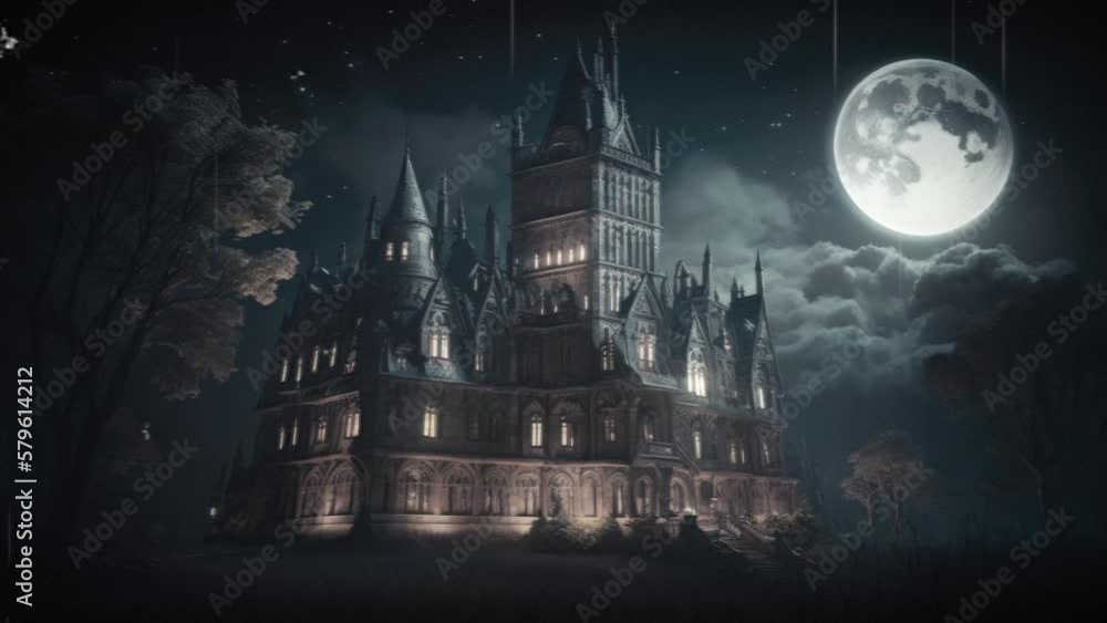 Fantasy night scene with gothic architecture castle and full moon in ...
