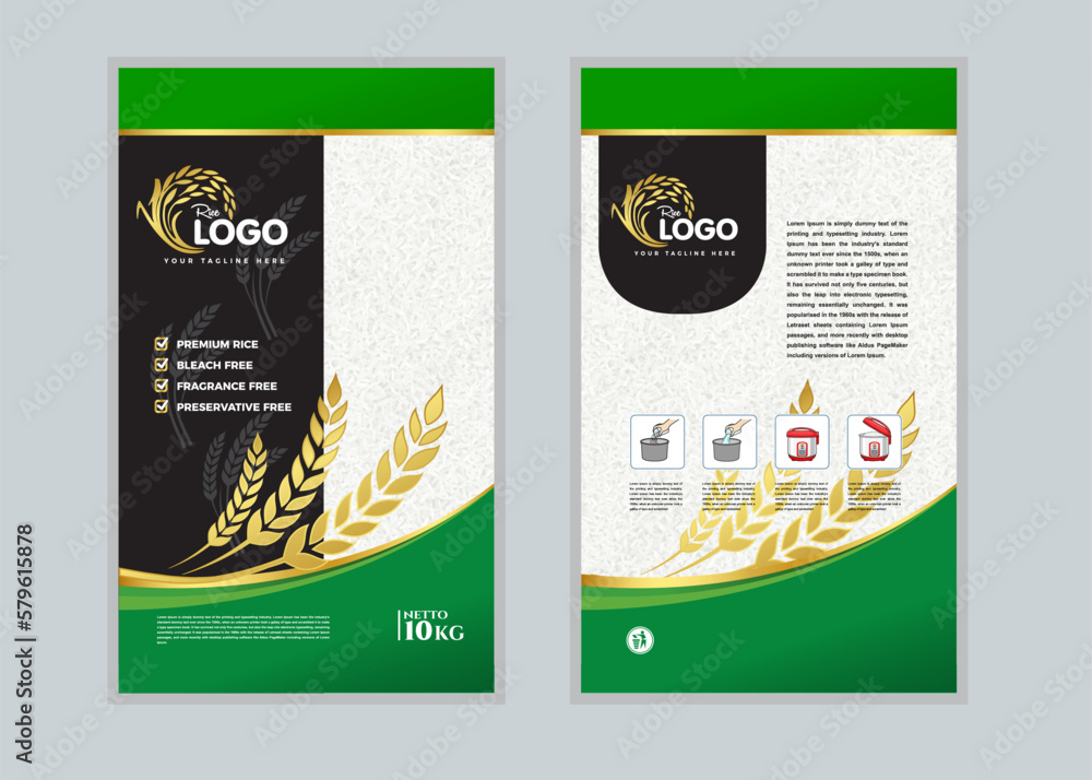 Template label for rice packaging product front and back design with ...