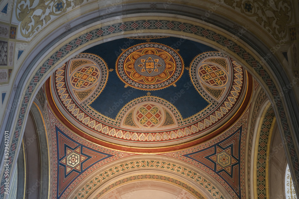 Monumental church building in Gothic in neo-romanesque arch style with ...