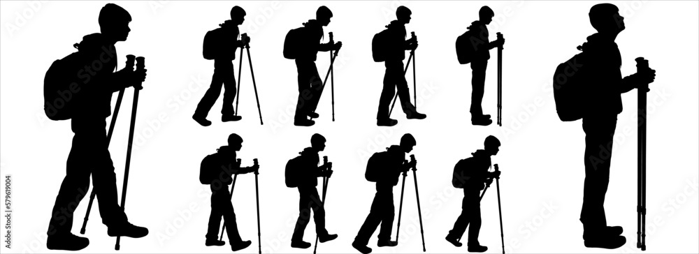 Vecteur Stock Teenagers with canes in their hands and backpacks behind ...