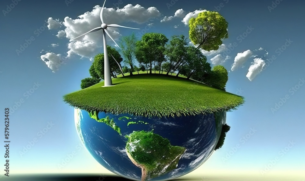 a green earth with trees and wind mills on top of it, with a blue sky ...