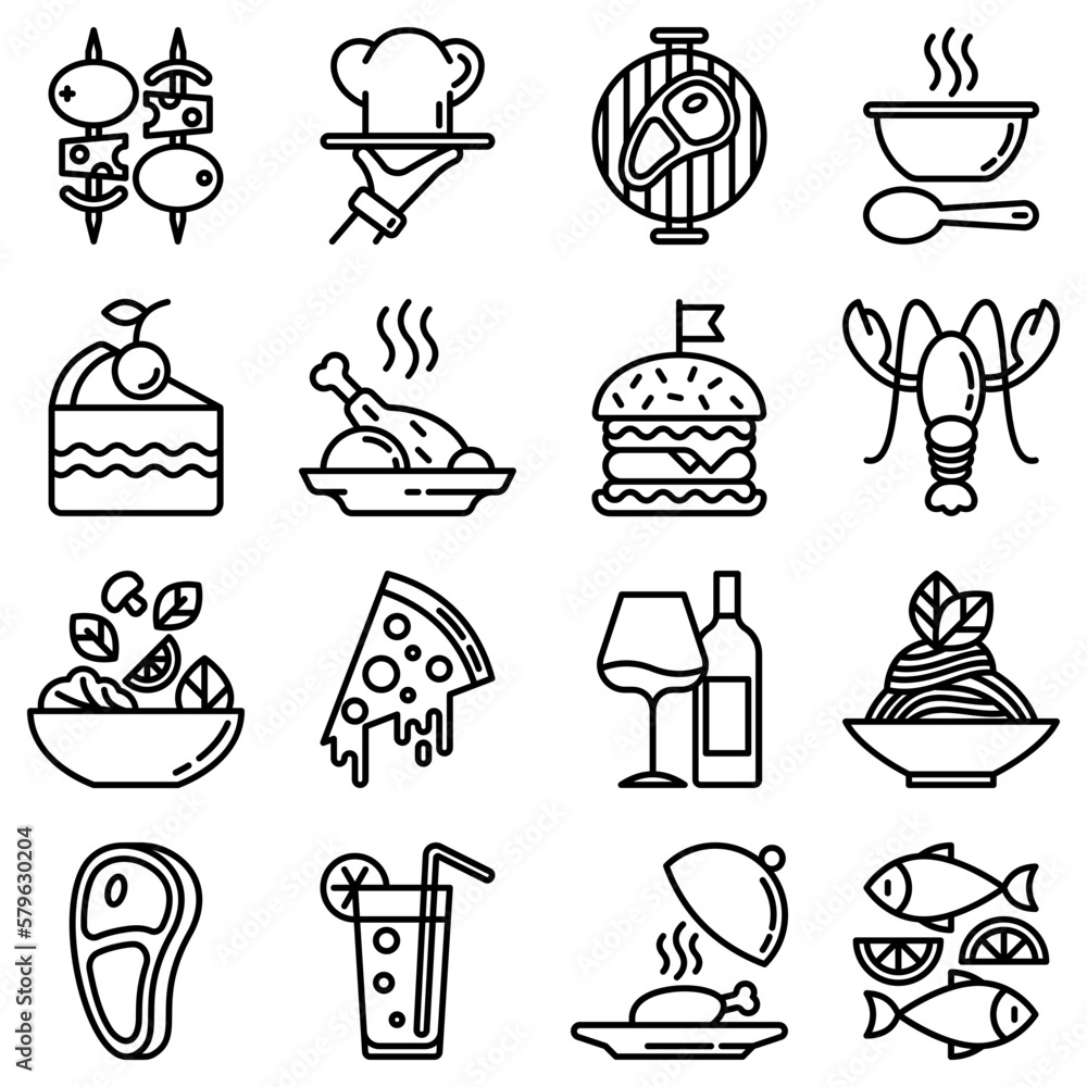 Restaurant menu thin line icons set: starters, chef dish, BBQ, soup ...