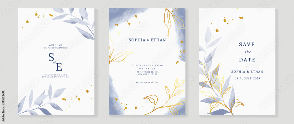 Luxury wedding invitation card background vector. Hand drawn leaf ...