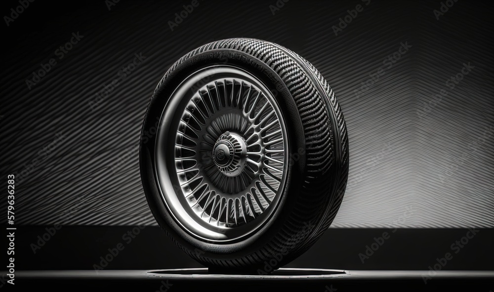 a black and white photo of a tire on a black background with a shadow ...