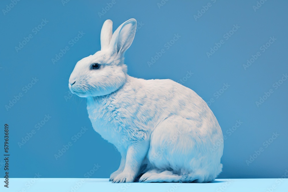 a white rabbit sitting on top of a blue floor next to a blue wall and a ...