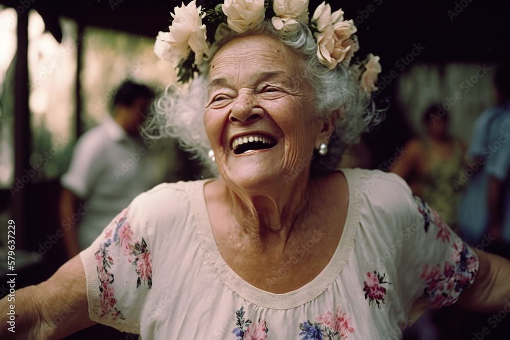 Happy old woman smiling. Portrait of a beautiful lady over 70 laughing ...