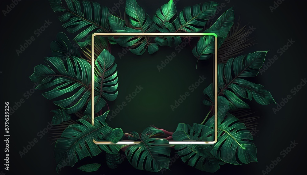 Blank, square frame in center surrounded by dark green tropical leaves. The leaves are thick ...