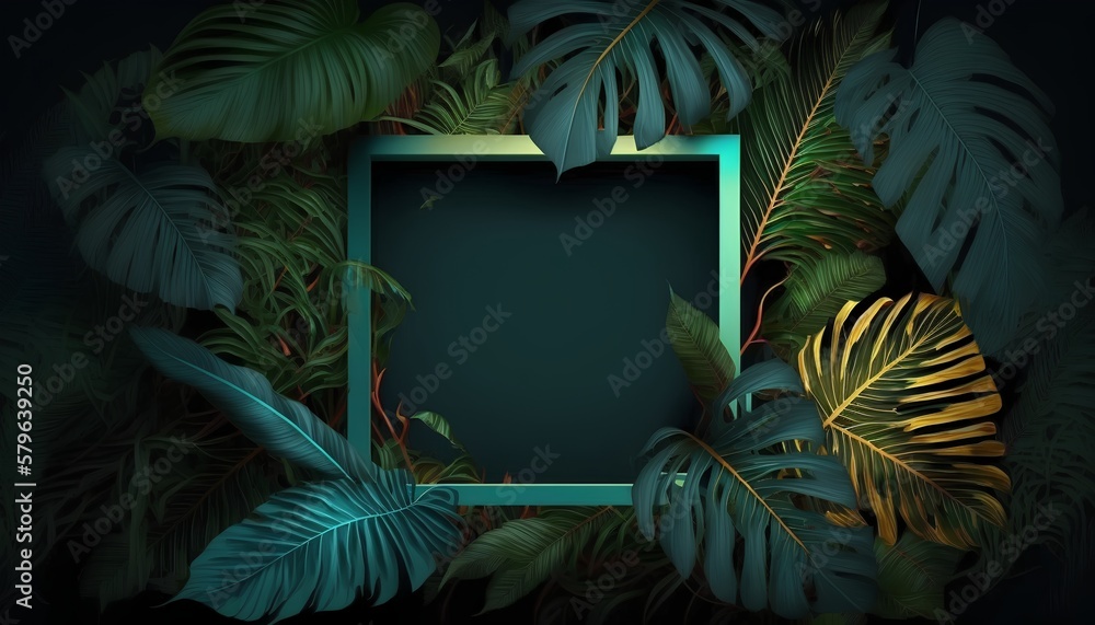 Blank, square frame in center surrounded by dark green tropical leaves. The leaves are thick ...