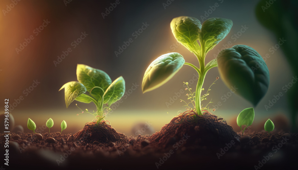 Seedlings plants sprout from the ground. Planting and growing plants in ...