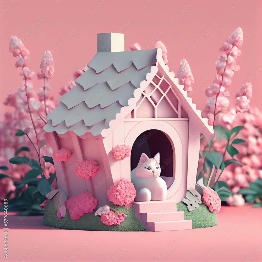 Cute Cat House with flowers pastel color by Generative AI Stock ...