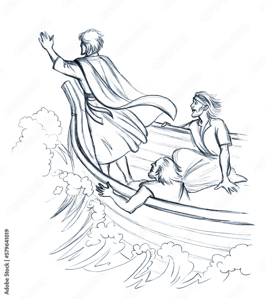 Jesus calms the storm. Pencil drawing Stock Illustration | Adobe Stock