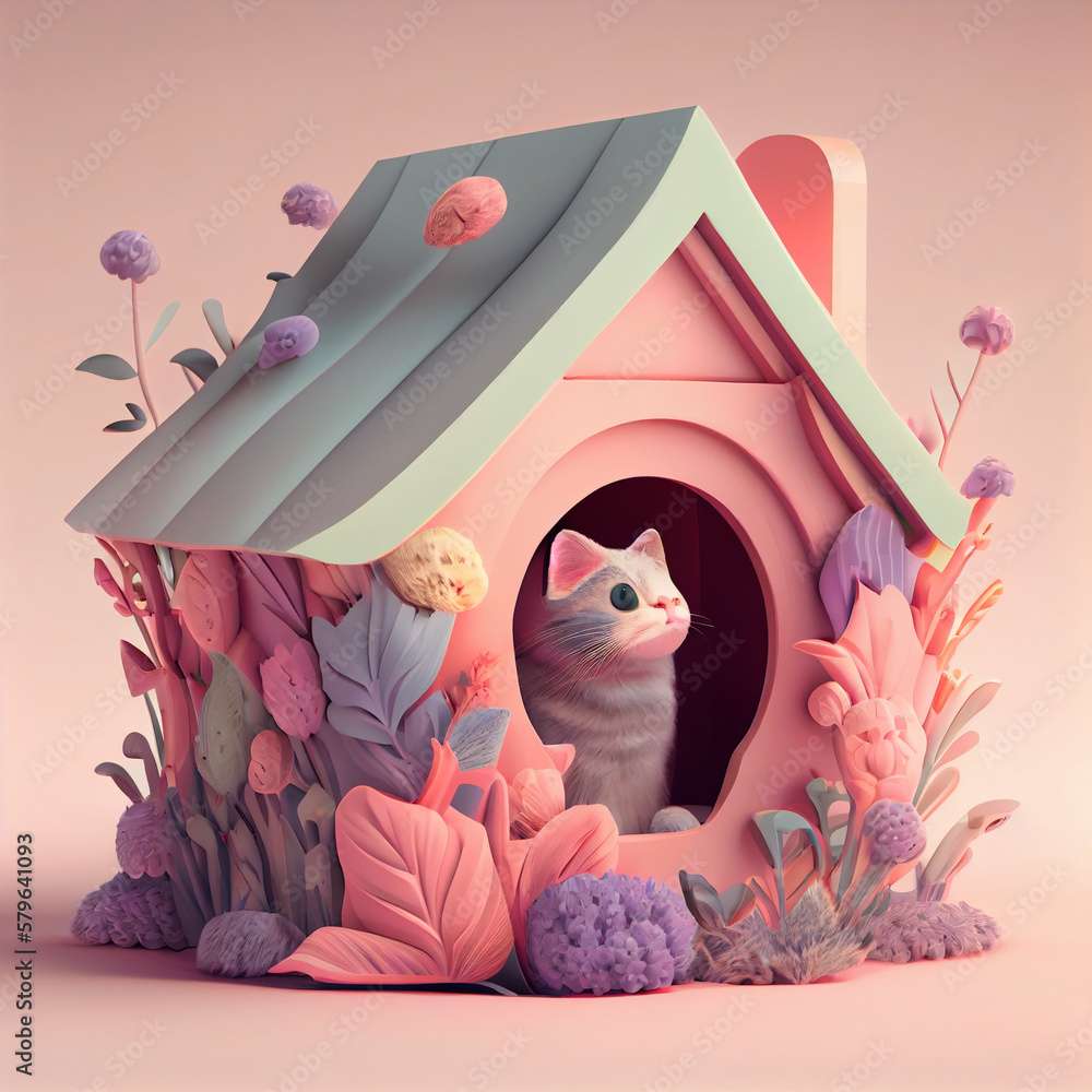 Cute Cat House with flowers pastel color by Generative AI Stock ...