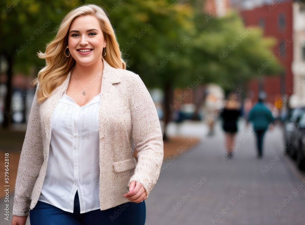 Confident overweight woman walking the city street. Generative AI ...