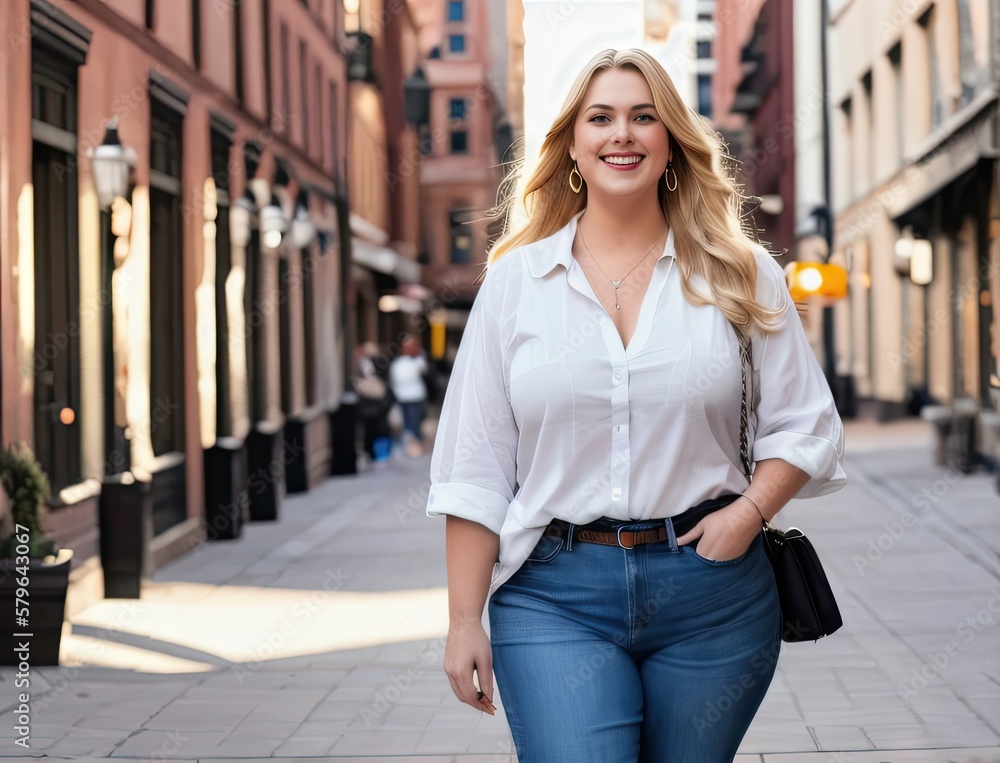 Confident overweight woman walking the city street. Generative AI ...