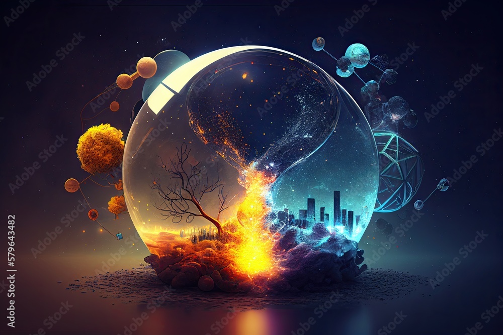 Science background illustration, scientific design. Flasks, glass and ...