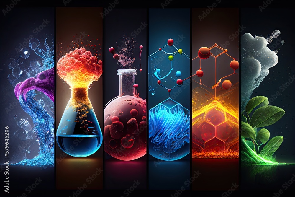 Science background illustration, scientific design. Flasks, glass and ...