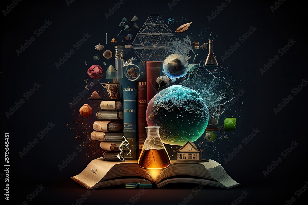 Science background illustration, scientific design. Flasks, glass and ...
