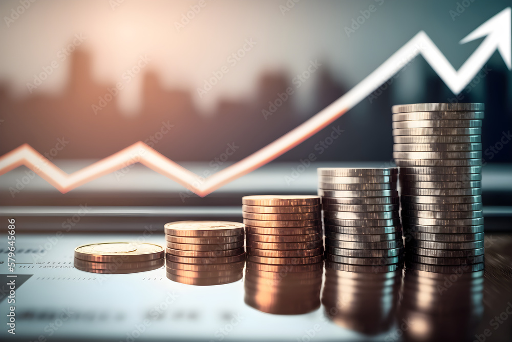financial market trade chart, arrow on stack of money coins growing ...