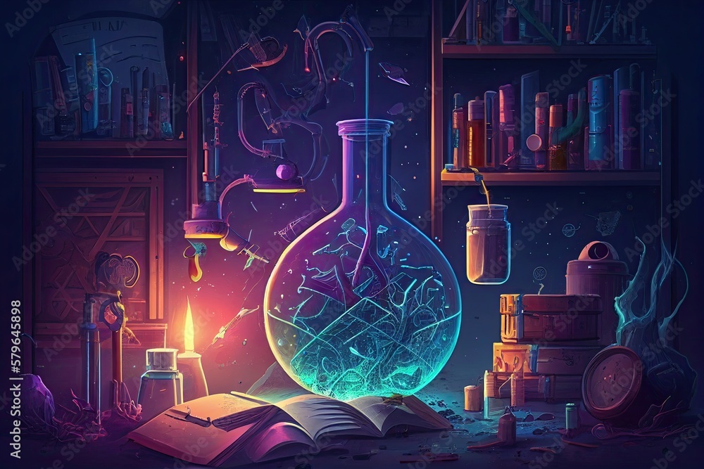 Science background illustration, scientific design. Flasks, glass and ...