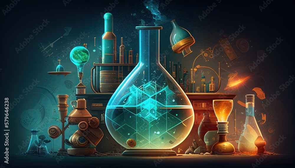Science background illustration, scientific design. Flasks, glass and ...
