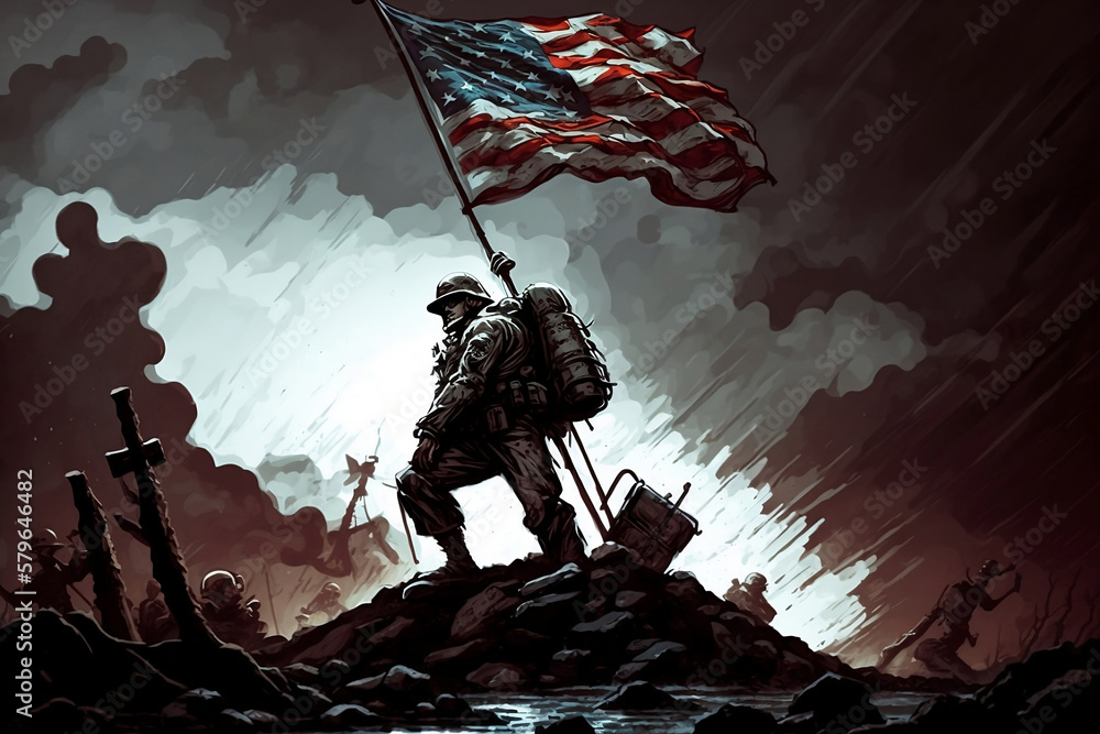 Illustration of United States marines raising the flag at Iwo Jima, US ...