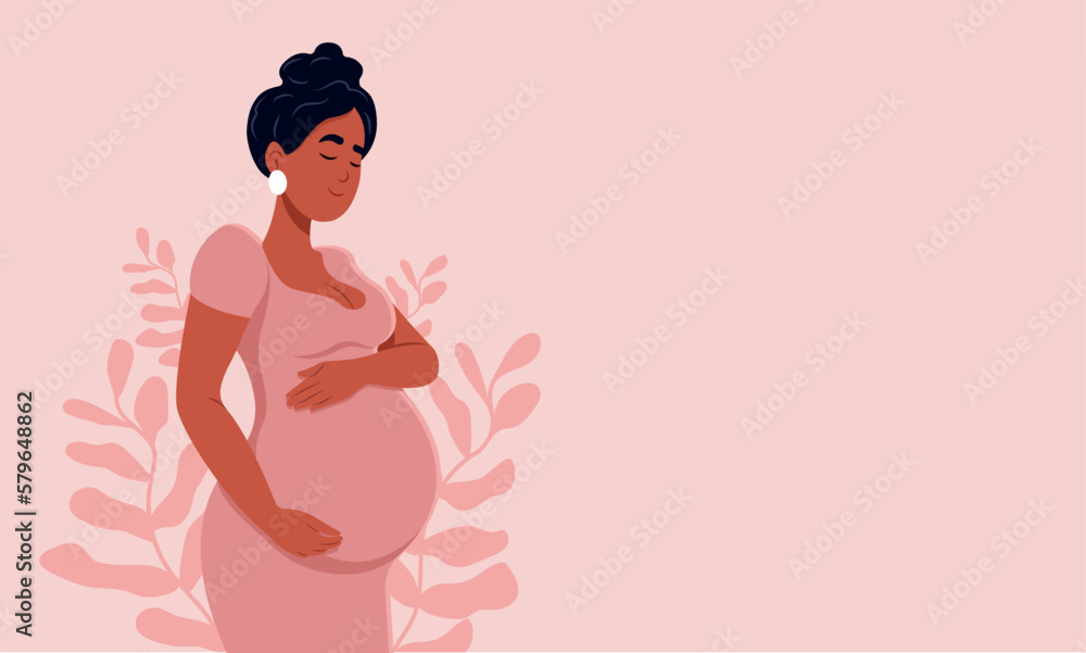 Healthy pregnancy banner. Beautiful pregnant black woman hugs her belly ...