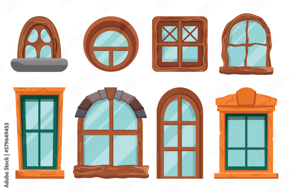 Hobbit house windows set concept without people scene in the flat ...