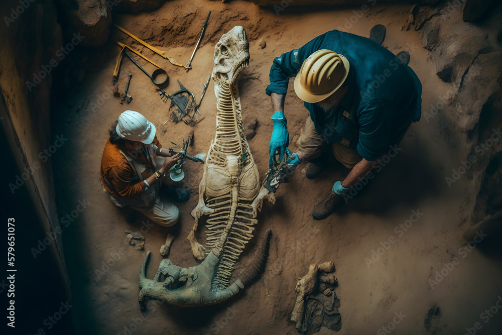 Archaeologist works on an archaeological site with dinosaur skeleton in ...