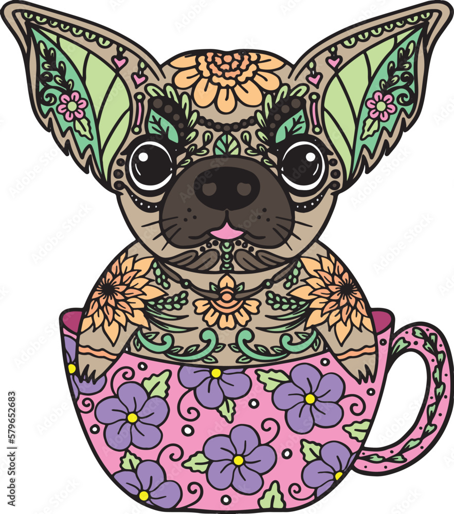 Vetor de Hand drawn Chihuahua doodle with flower decorative elements ...