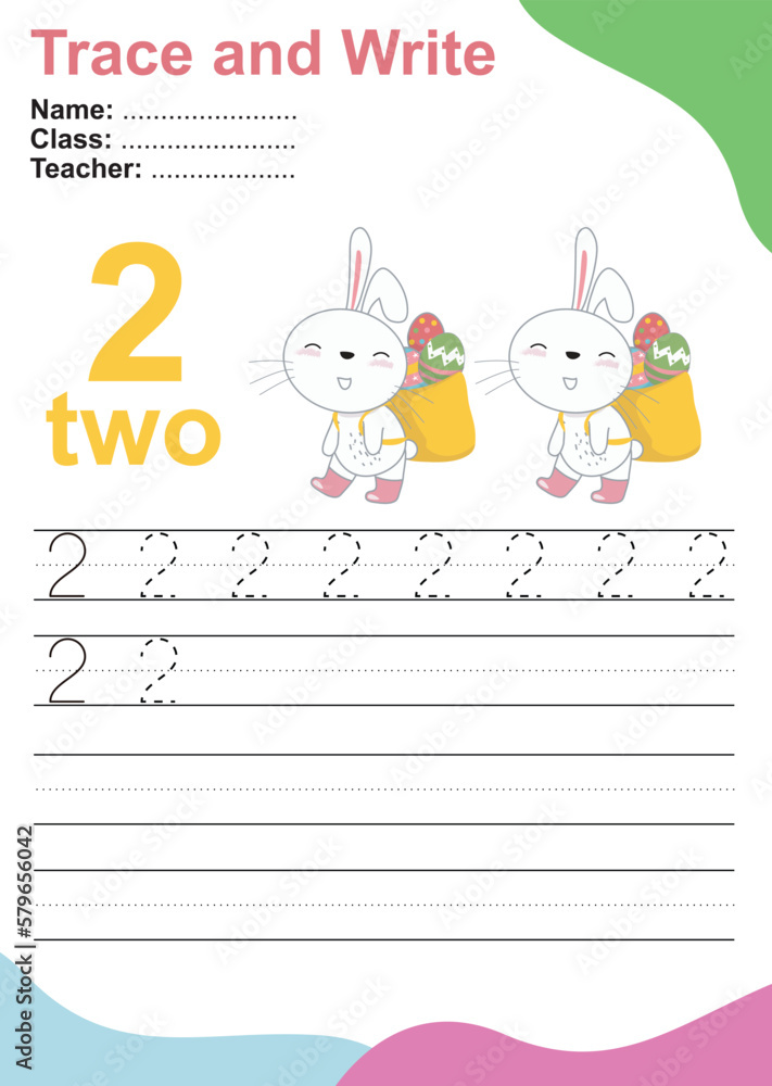 Number two tracing practice worksheet with 2 rabbits carrying a bag of ...