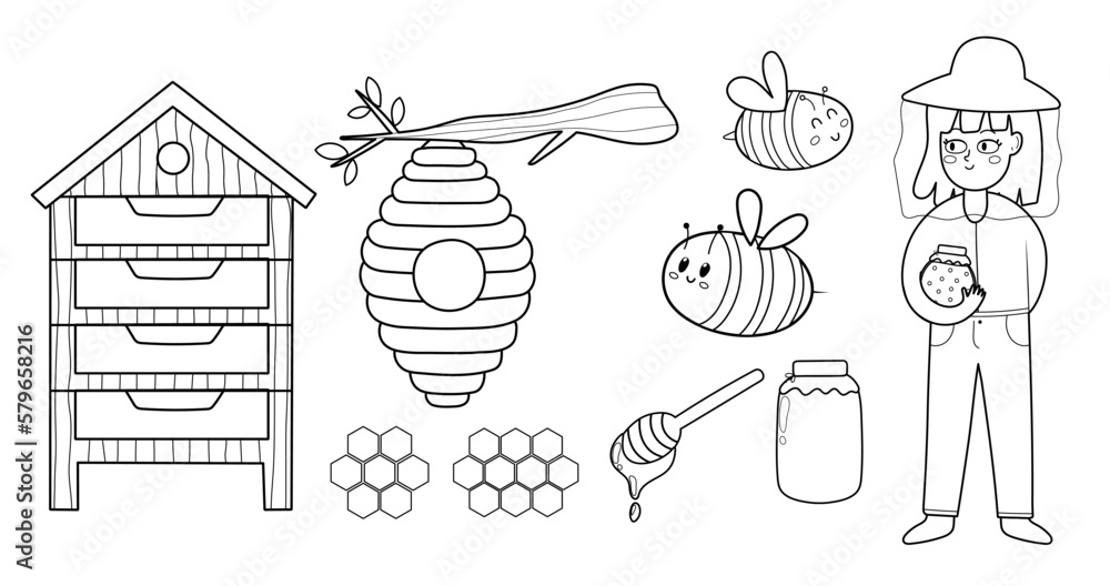 Black and white bee and honey elements set. Beekeeper girl holding a ...