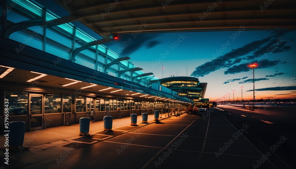 Illustration of an airport terminal. Wide-angle view with a high camera ...