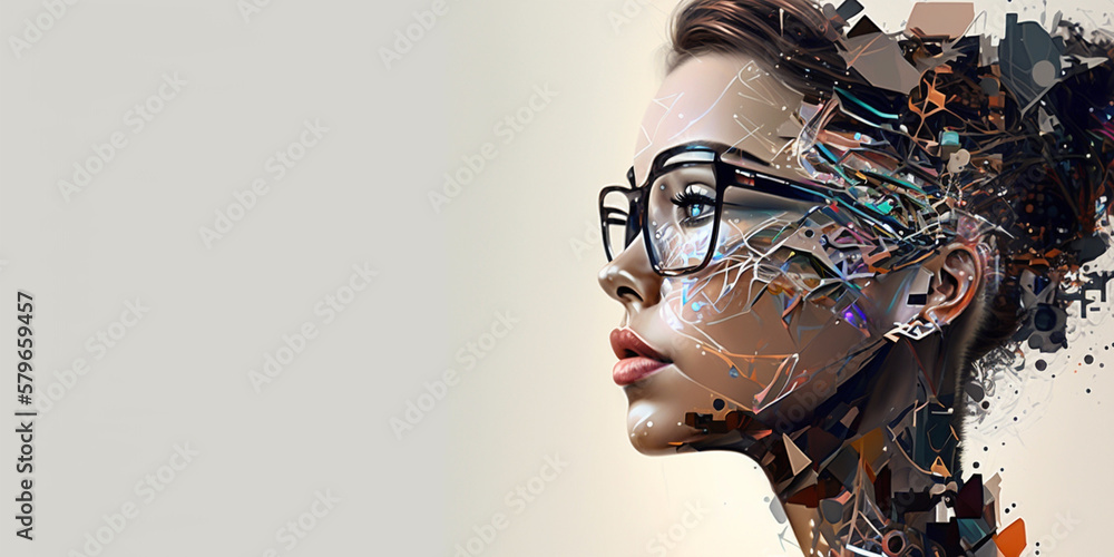 Profile portrait of robot bot ai with connected glasses white ...