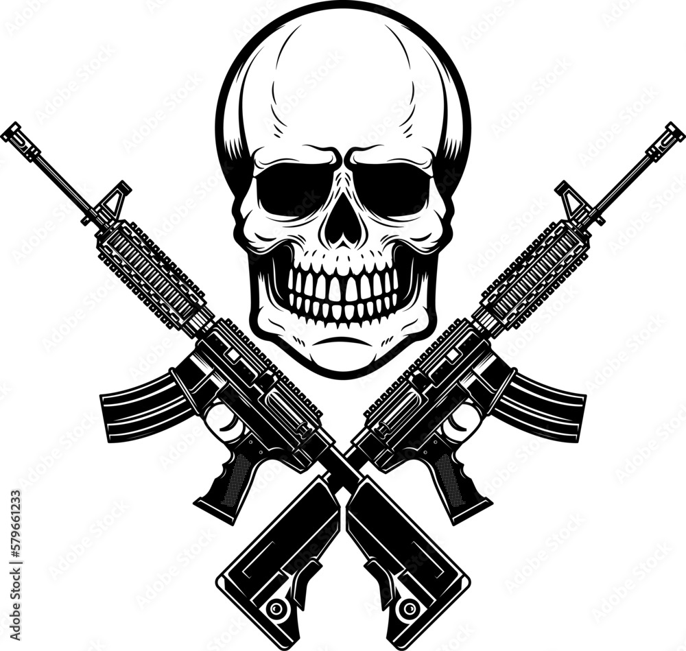 Illustration of the skull with crossed assault rifles. Design element ...
